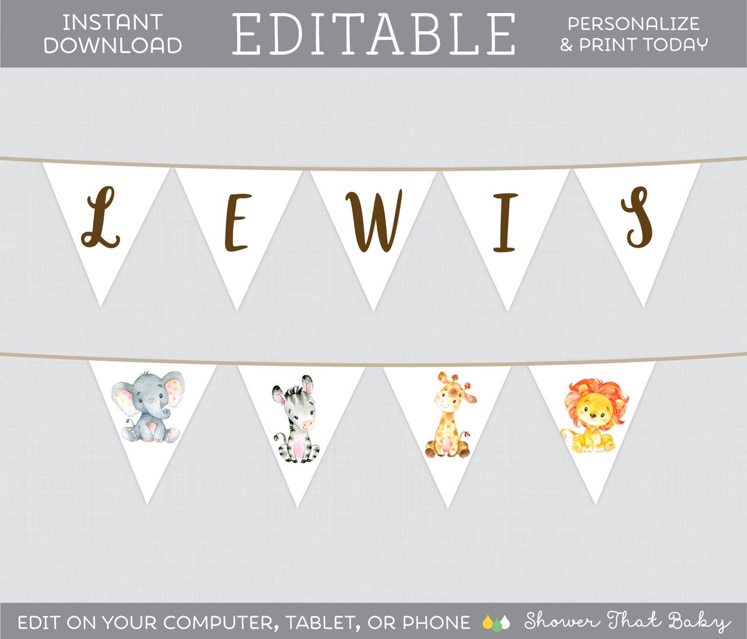 EDITABLE Safari Banner - Printable Safari Baby Shower Triangle Banner ...