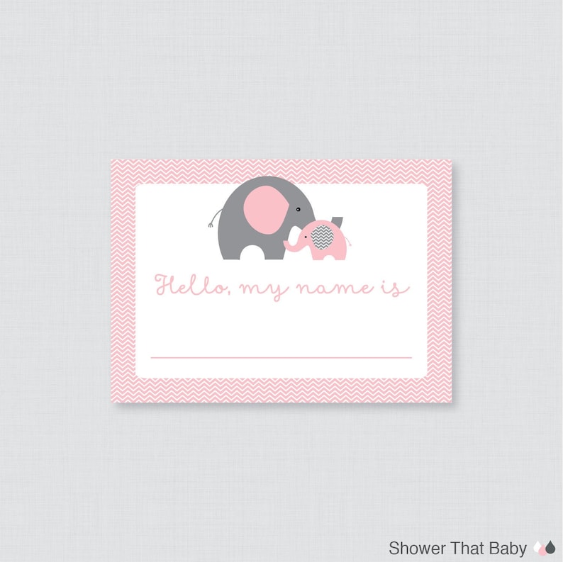 Pink Elephant Name Tag Stickers - Printed Elephant Baby Shower Name Tag ...