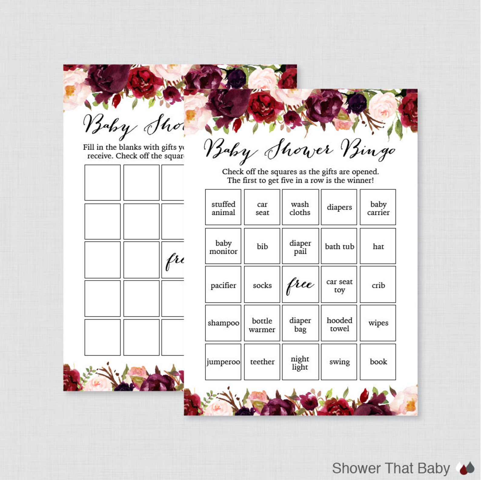 Marsala Floral Baby Shower Games Package - Seven Printable Games: Bingo ...