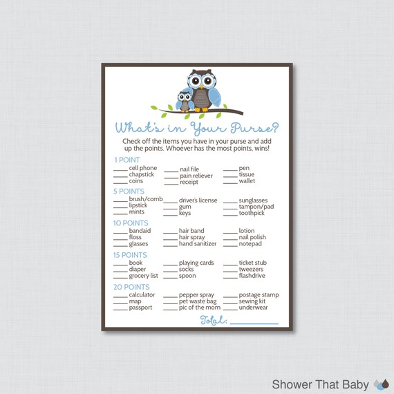 Owl Baby Shower What's in Your Purse Game Printable | Etsy