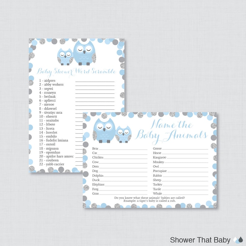 Blue Owl Baby Shower Games Package - Seven Printable Games: Bingo ...