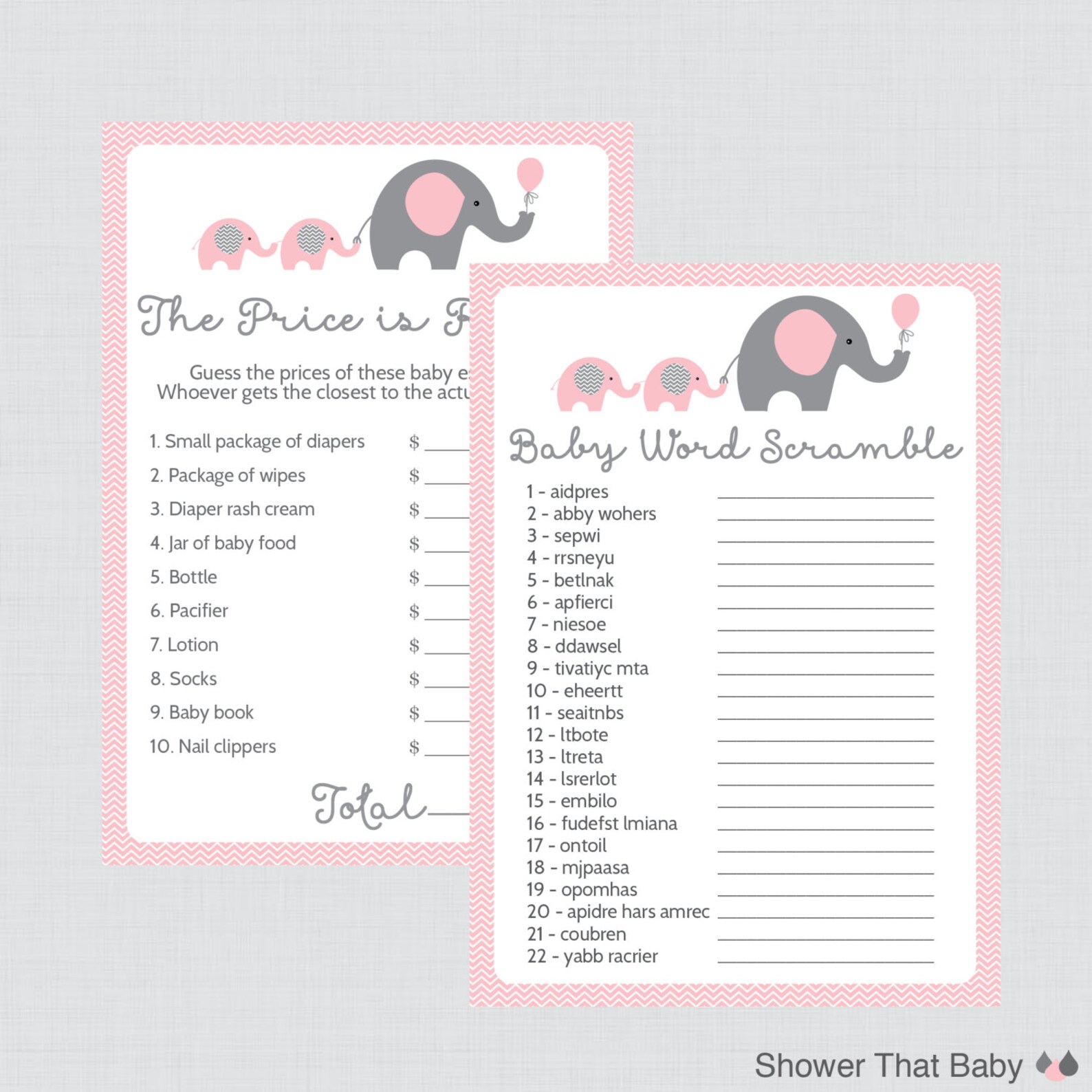 Elephant Twins Baby Shower Games Package in Pink and Gray | Etsy