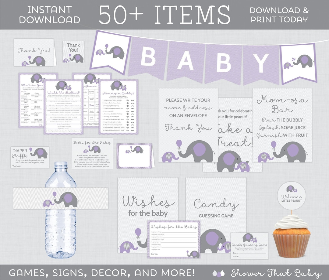 Purple Elephant Baby Shower Bundle - Over 50 Printable Games ...