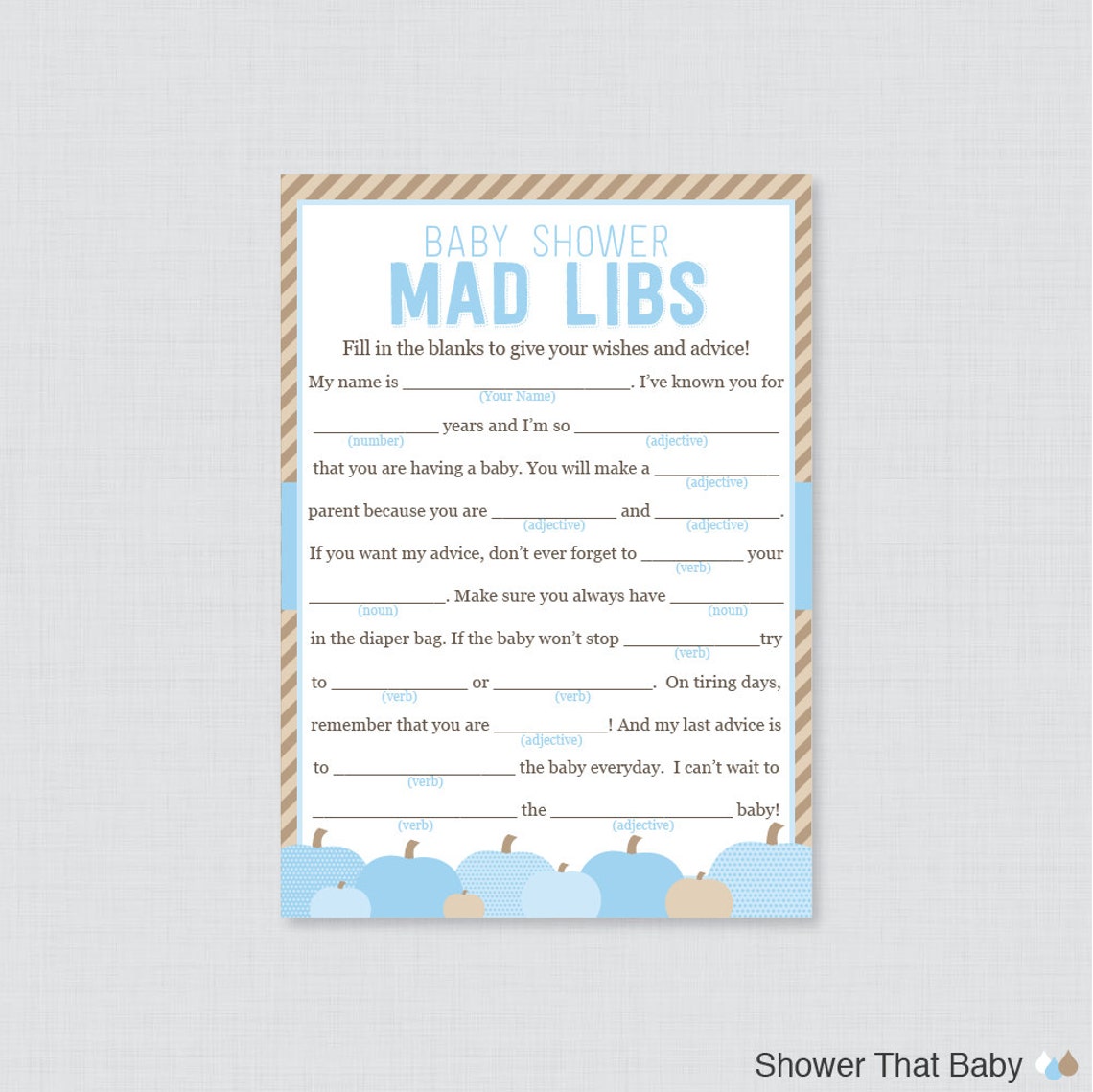 Blue Little Pumpkin Baby Shower Mad Libs Printable Advice - Etsy