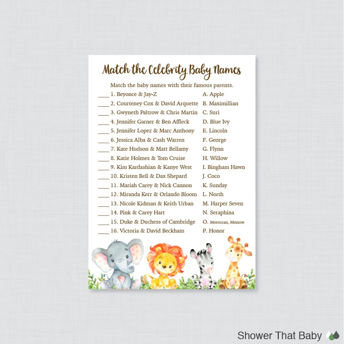 Safari Celebrity Baby Shower Game Celebrity Baby Name Match - Etsy