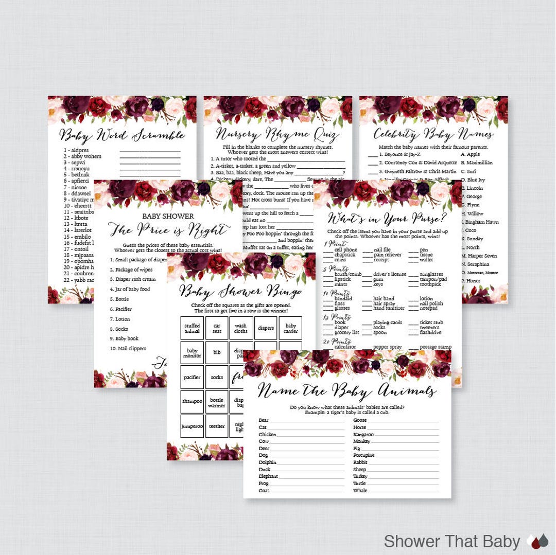 Marsala Floral Baby Shower Games Package - Seven Printable Games: Bingo ...