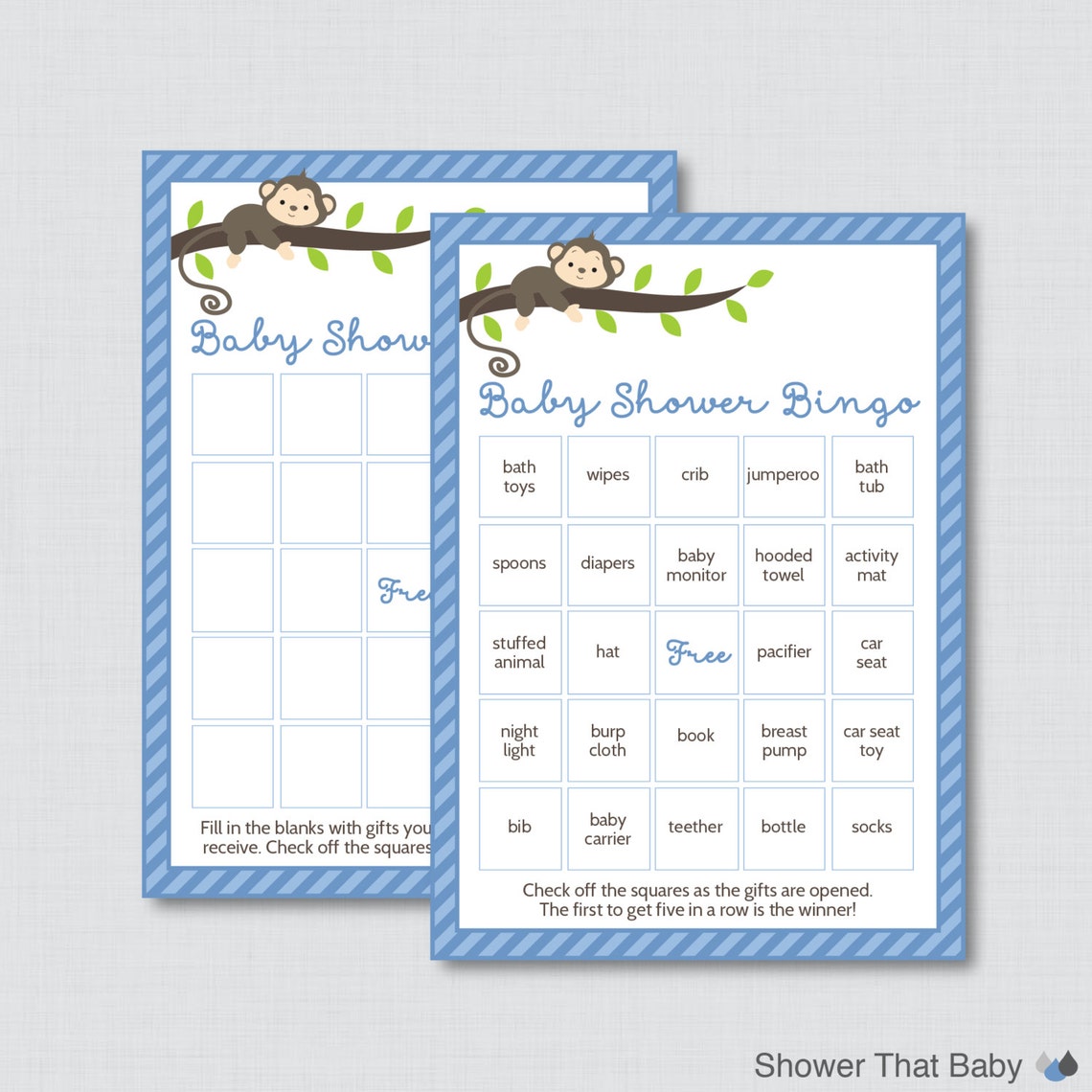Monkey Baby Shower Games Package in Blue - Seven Printable Monkey Games ...