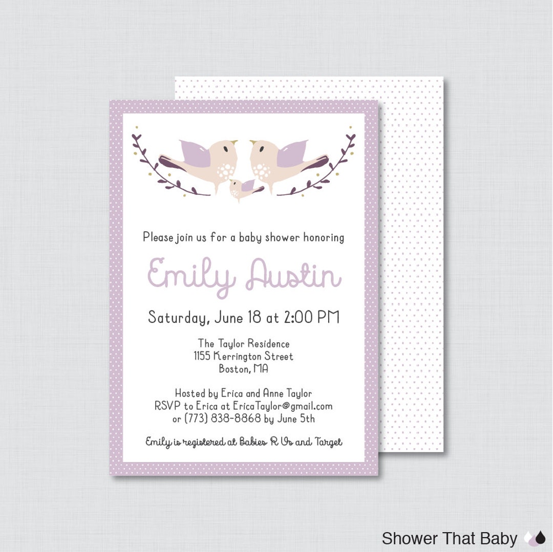 Bird Baby Shower Invitation Printable or Printed - Purple Birdie Baby ...