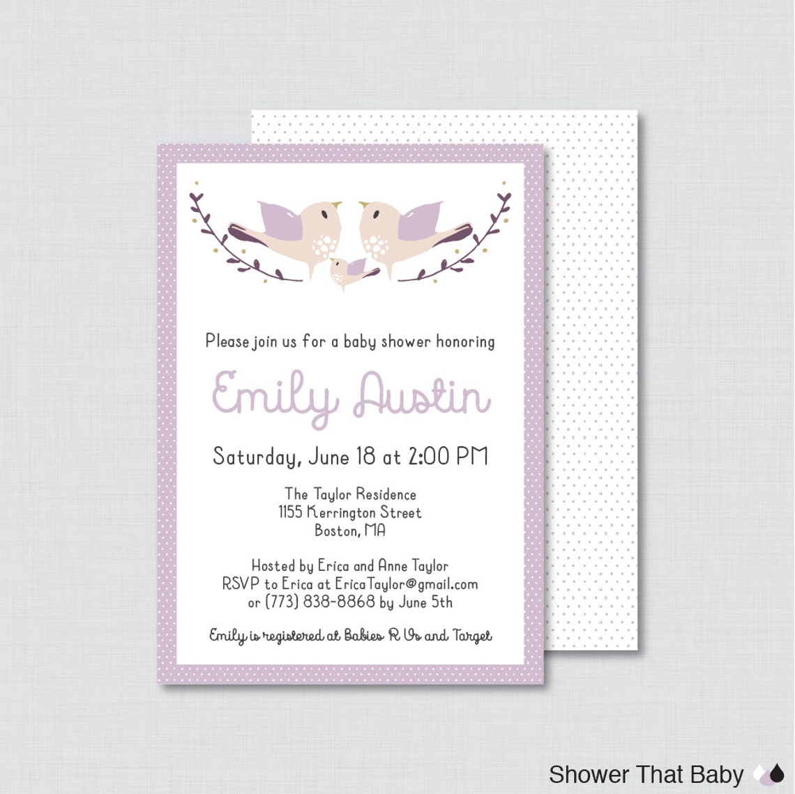Bird Baby Shower Invitation Printable or Printed - Purple Birdie Baby ...