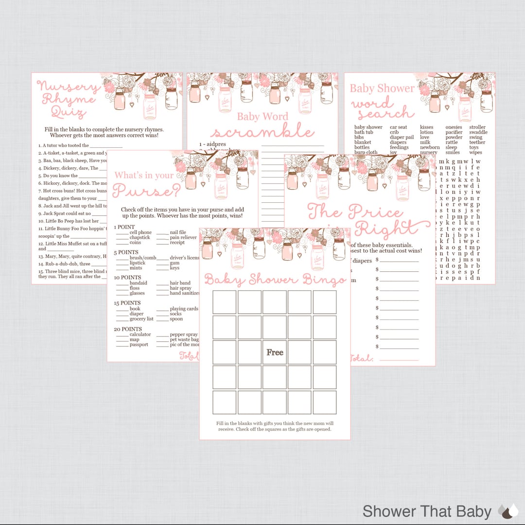 Mason Jar Baby Shower Games Printable Package in Pink and Brown - Six ...