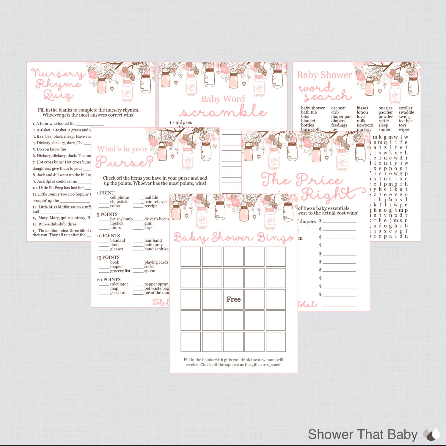 Mason Jar Baby Shower Games Printable Package in Pink and Brown - Six ...