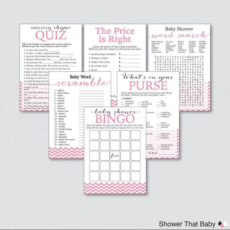 Pink Glitter Baby Shower Games Package in Pink Glitter Chevron - Six ...