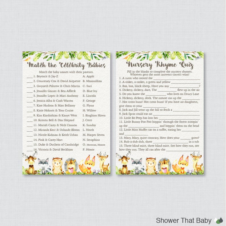 Woodland Animal Baby Shower Games Package Seven Printable - Etsy