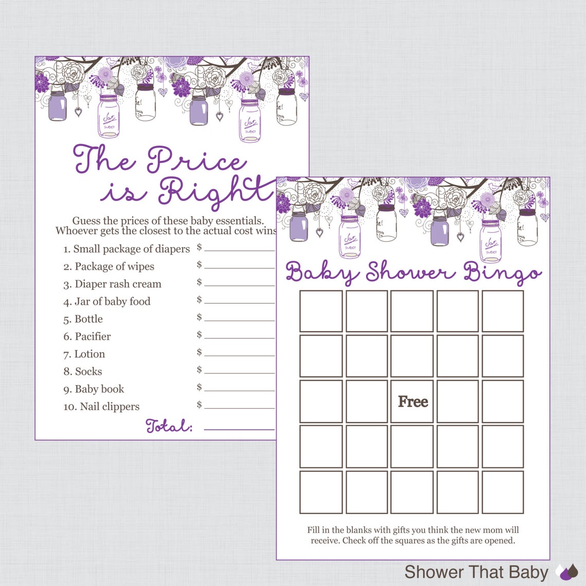 Mason Jar Baby Shower Games Printable Package With Purple Mason Jars ...
