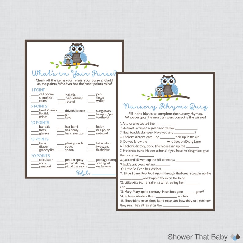 Owl Baby Shower Games Package in Blue and Brown - Seven Printable Owl ...