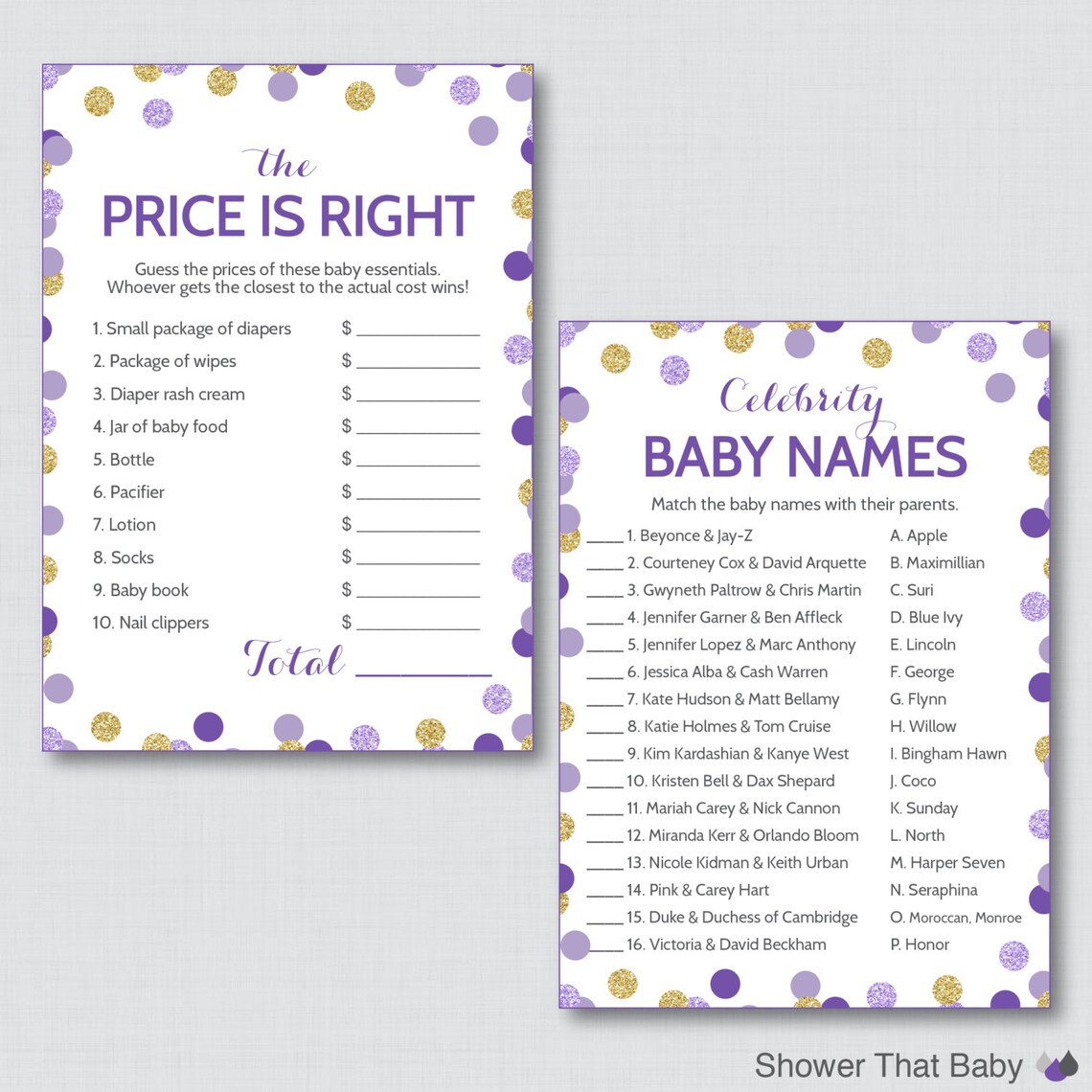 Purple and Gold Baby Shower Games Package With Glitter Polka | Etsy