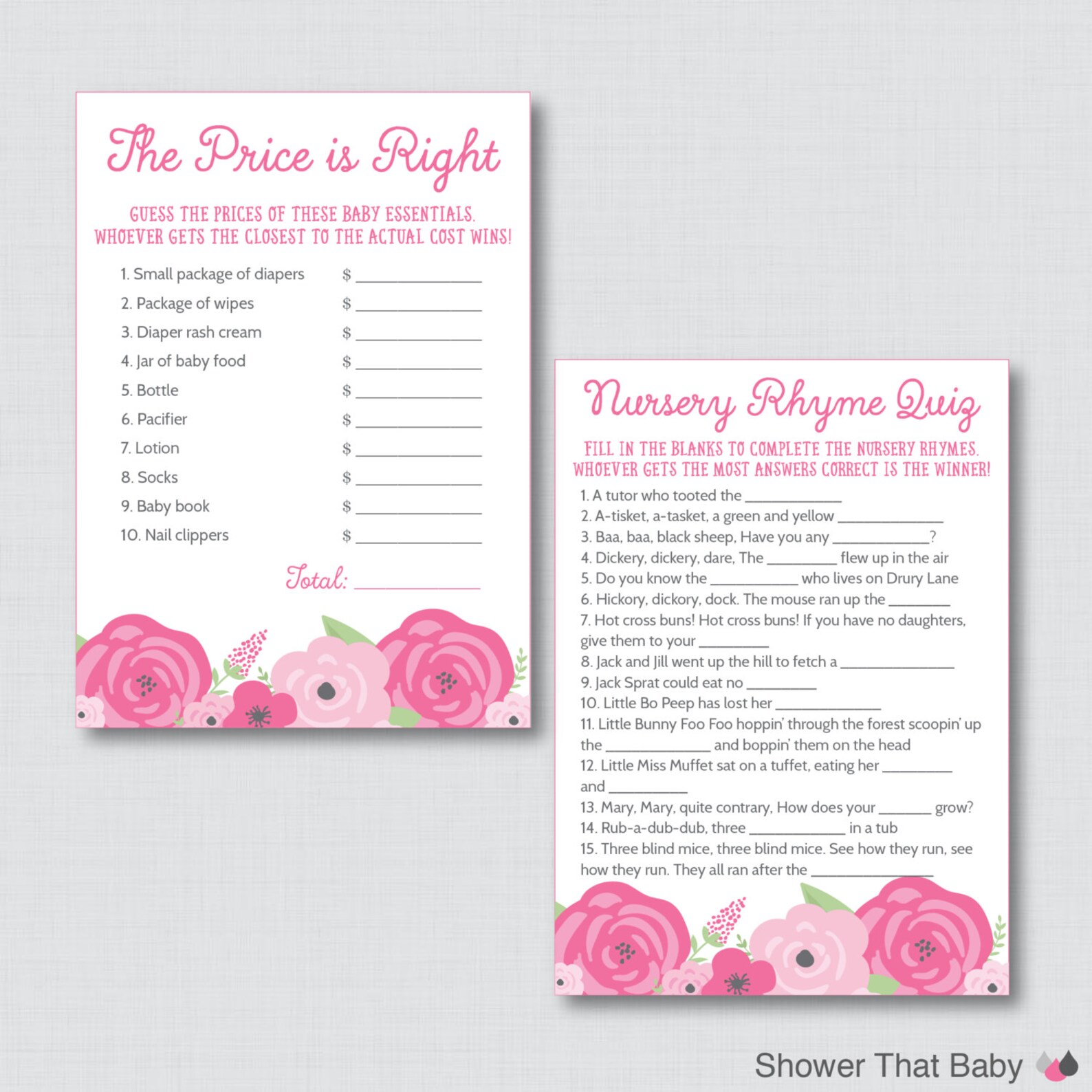 Pink Flowers Baby Shower Games Package Seven Printable - Etsy