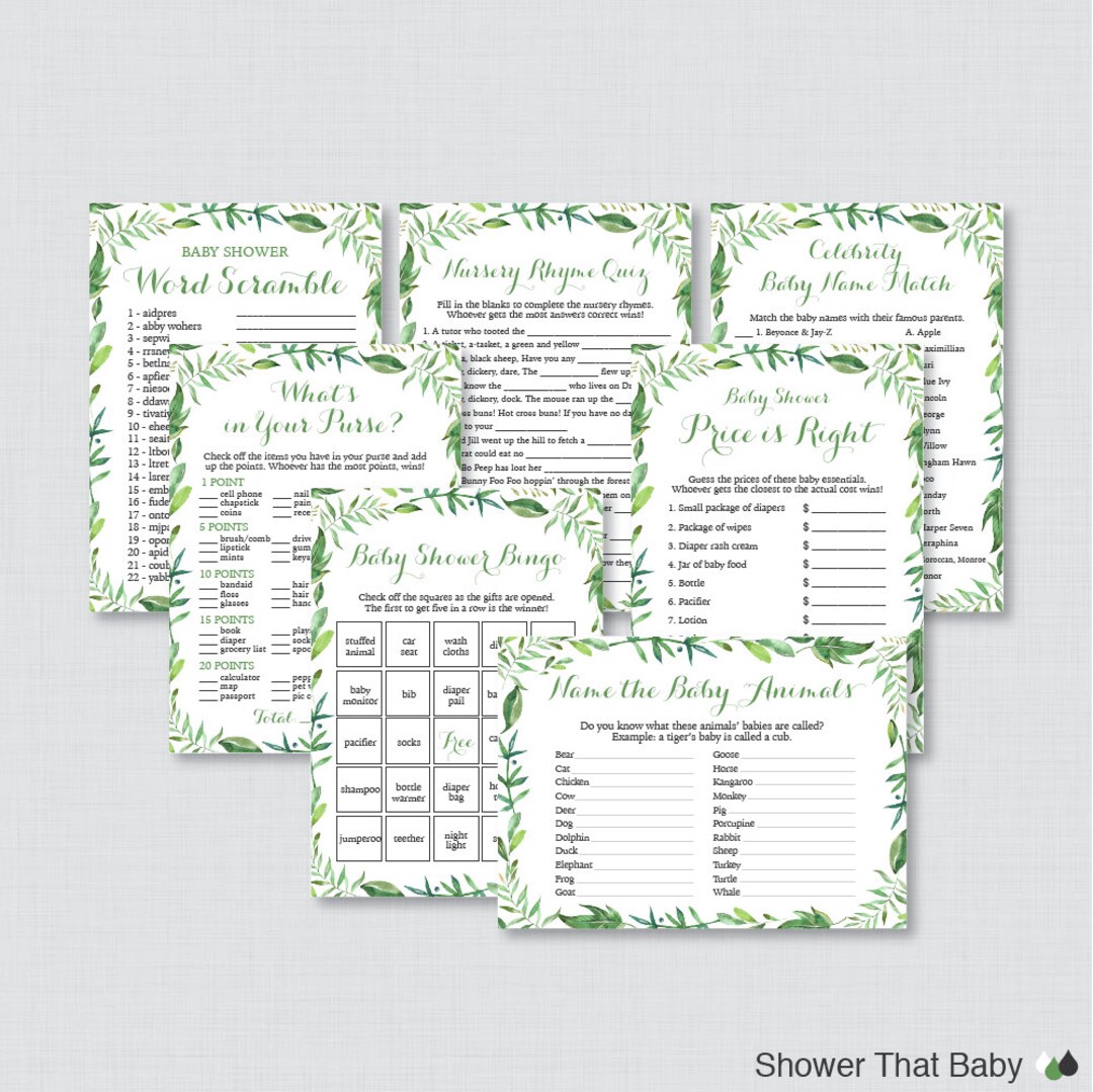 Green Baby Shower Games Package - Seven Printable Games: Bingo, Price ...