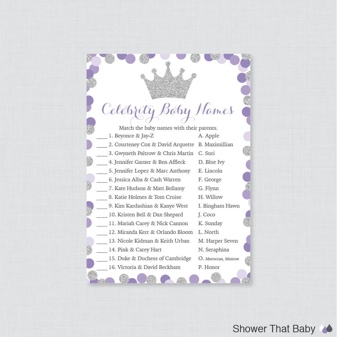 Purple and Gray Princess Baby Shower Celebrity Baby Name Game Celebrity ...