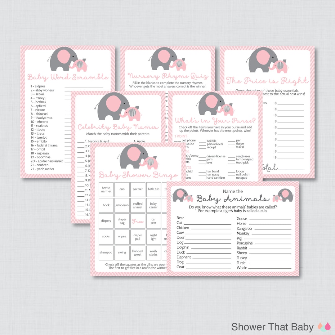 Elephant Baby Shower Games Package in Pink and Gray - Seven Printable ...