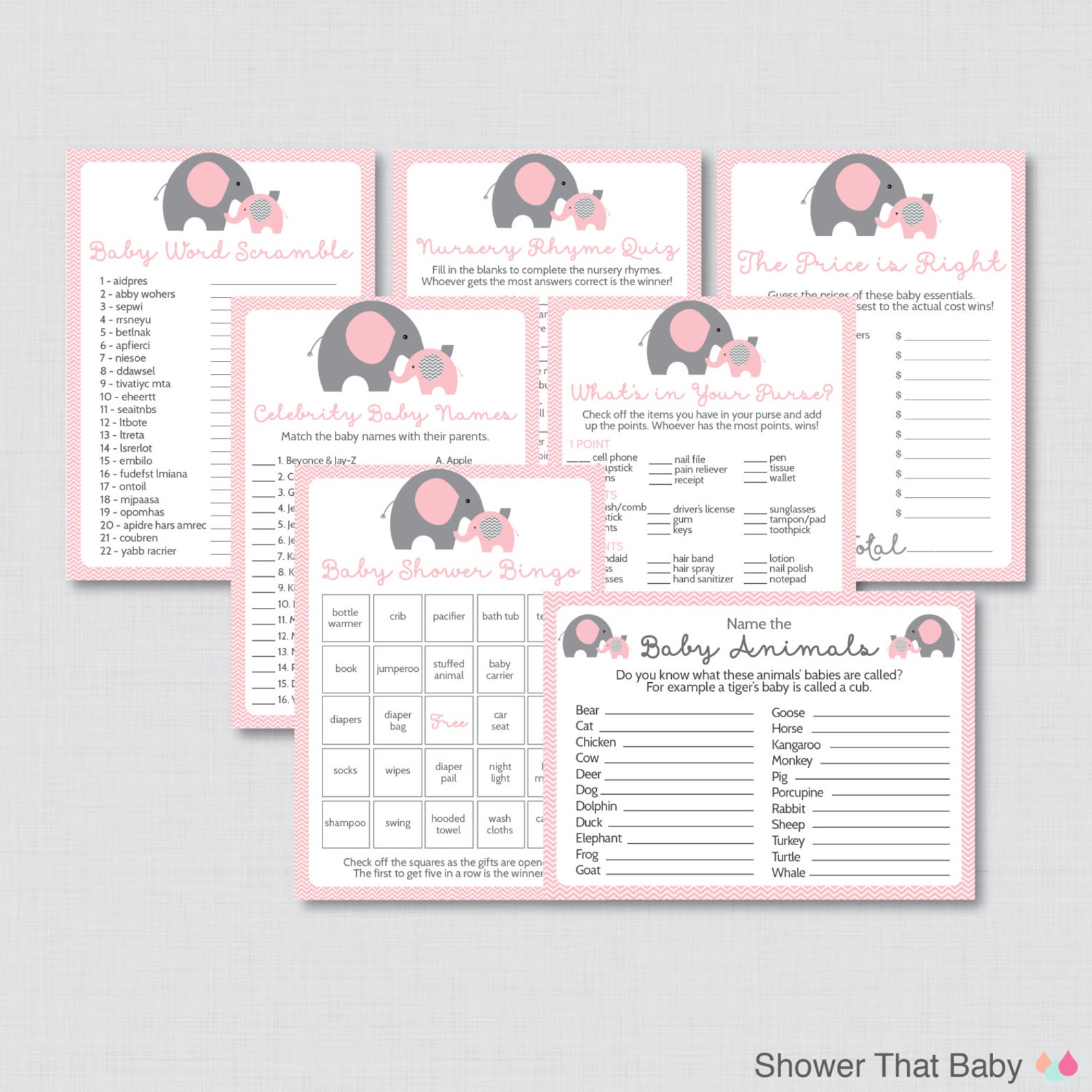 Elephant Baby Shower Games Package in Pink and Gray Seven - Etsy