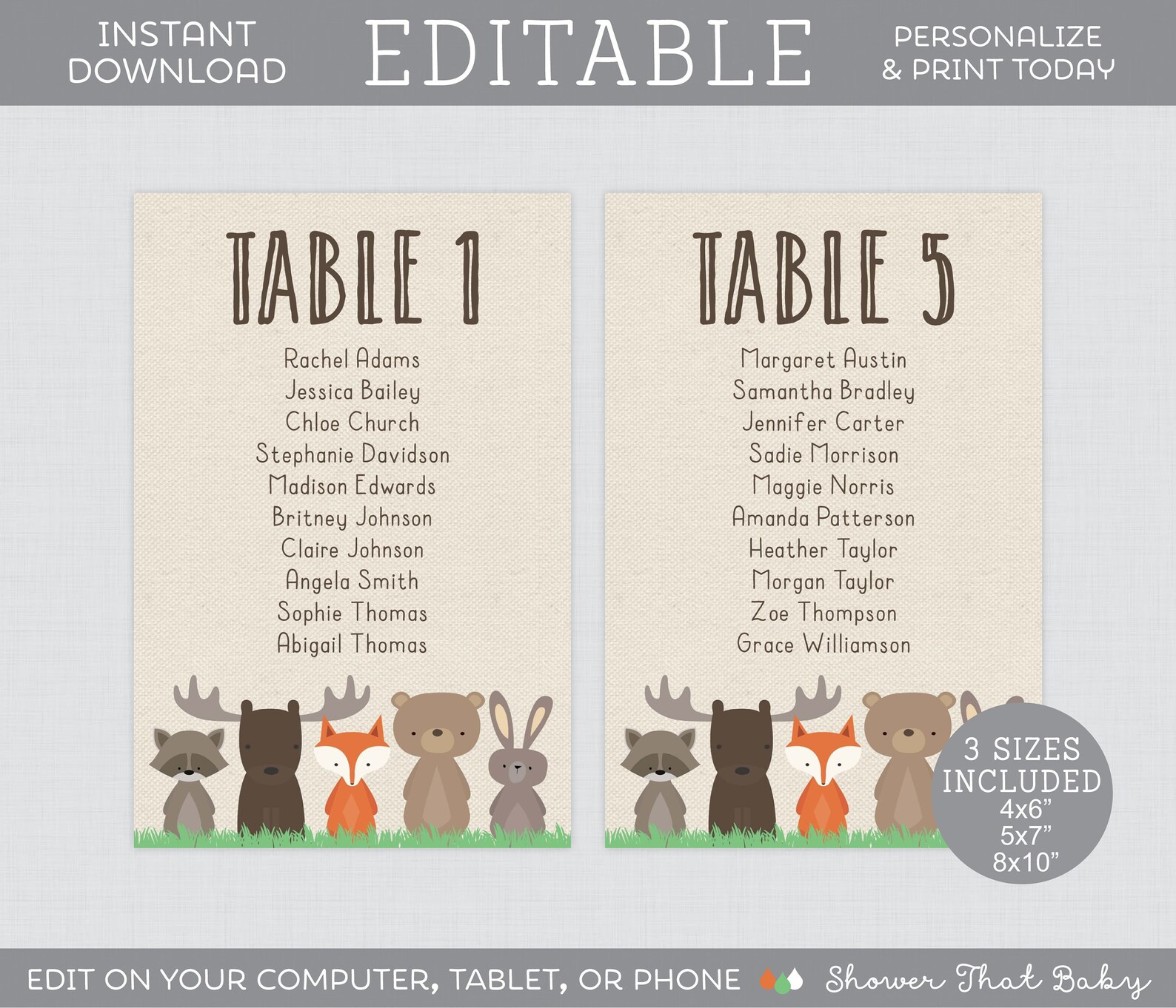 EDITABLE Table Seating Signs - 4x6, 5x7 or 8x10" Sized Table Seating ...