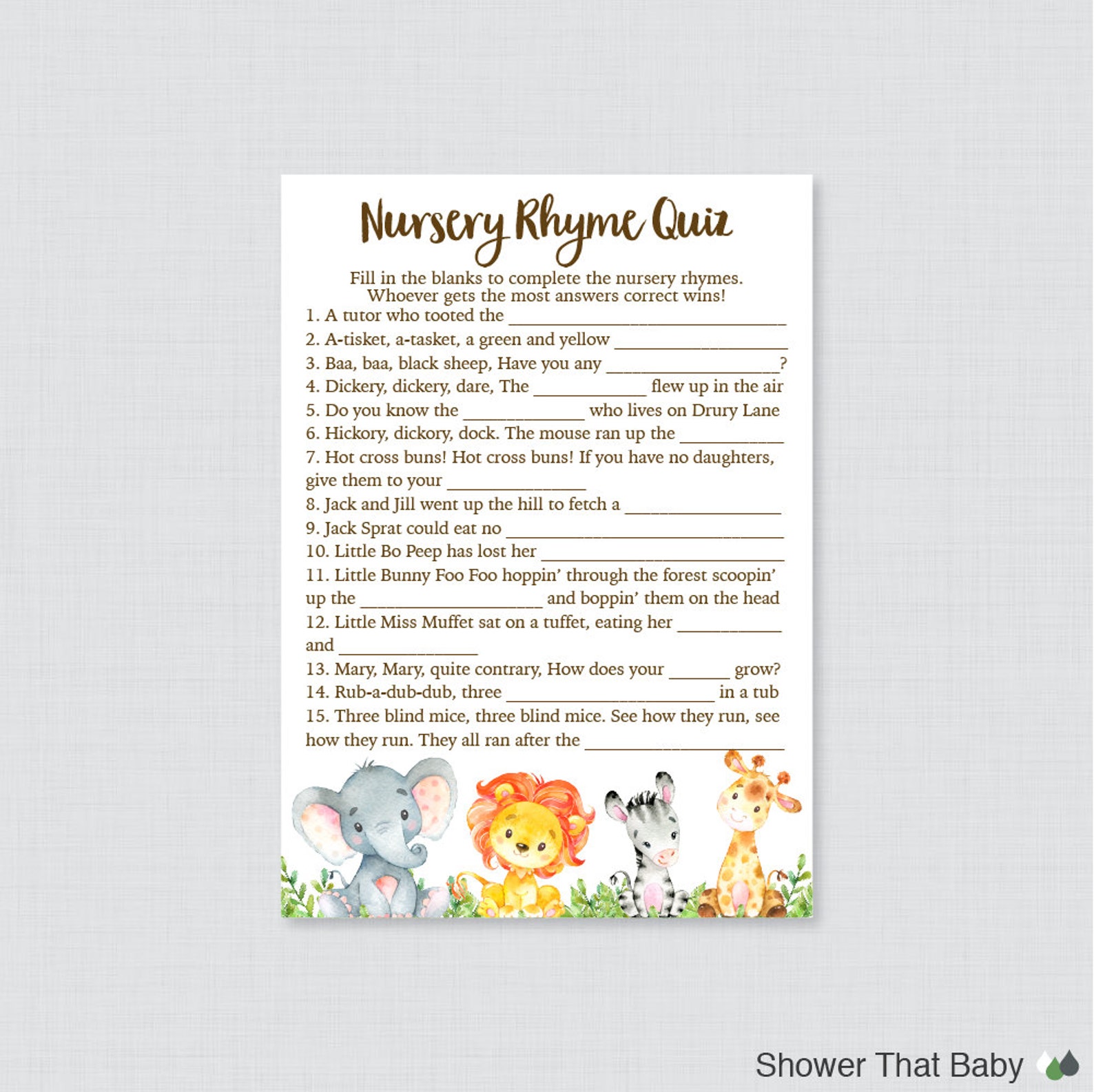 Safari Nursery Rhyme Quiz Baby Shower Game Printable Instant | Etsy