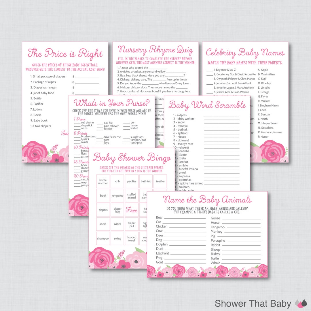 Pink Flowers Baby Shower Games Package - Seven Printable Games: Bingo ...