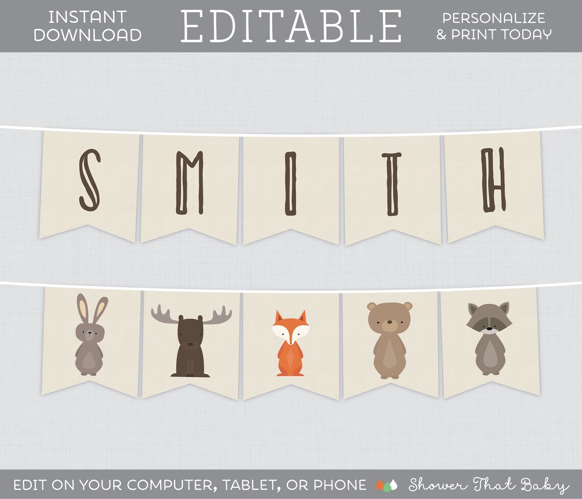 EDITABLE Woodland Printable Banner Large AND Small Sizes - Etsy