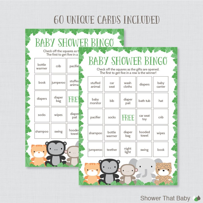 Jungle Theme Baby Shower Bingo Cards - Printable Blank Bingo Cards AND ...
