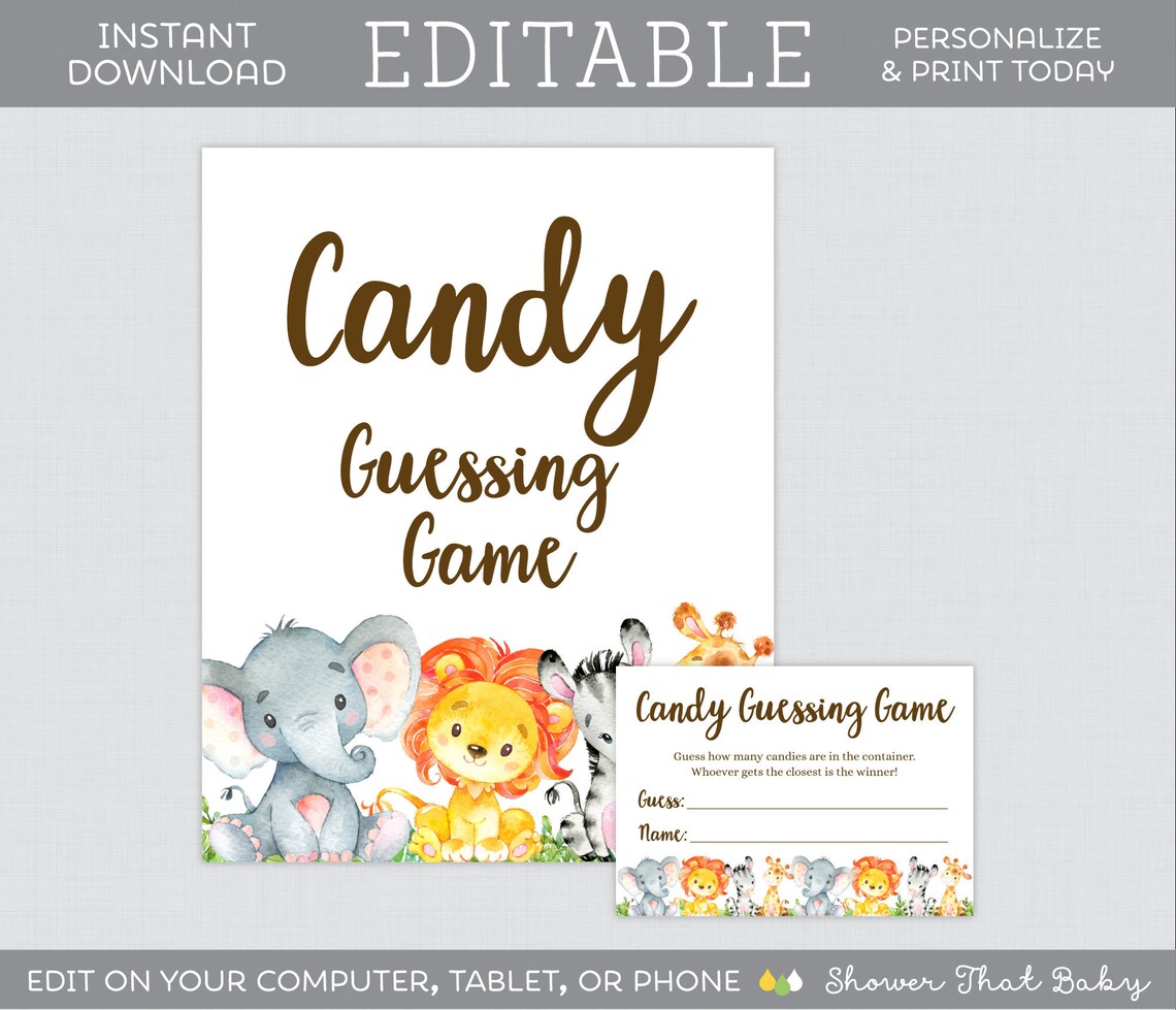 EDITABLE Candy Guessing Game Safari Baby Shower Guess How - Etsy