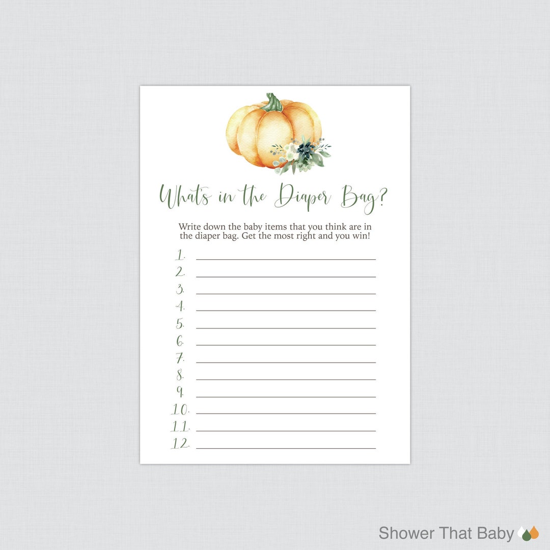 Watercolor Pumpkin Baby Shower Diaper Bag Game Guess What's in the ...