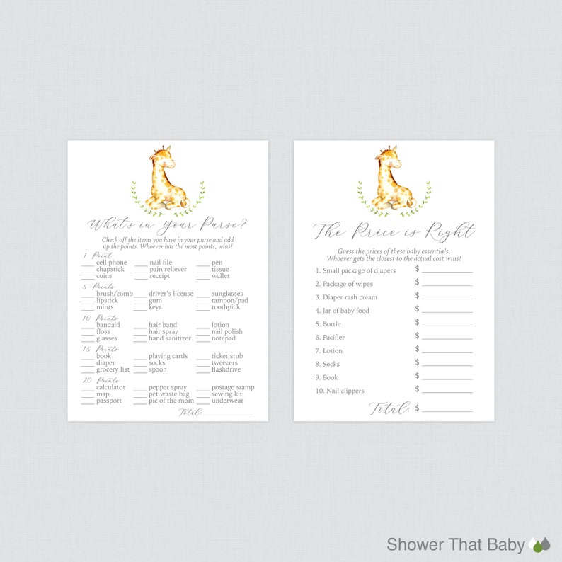 Watercolor Giraffe Baby Shower Games Package - Seven Printable Games ...