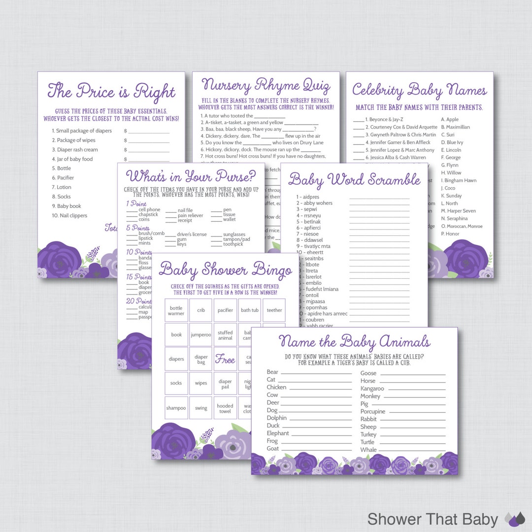 Purple Flowers Baby Shower Games Package - Seven Printable Games: Bingo ...