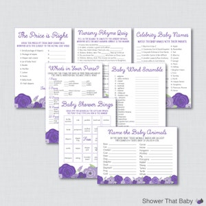 Purple Flowers Baby Shower Games Package - Seven Printable Games: Bingo ...