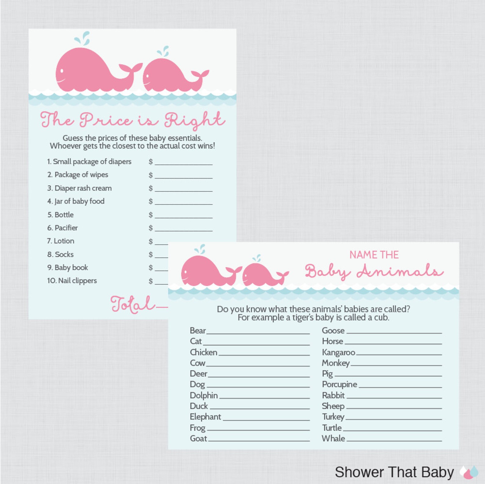 Whale Baby Shower Games Package Seven Printable Games: | Etsy