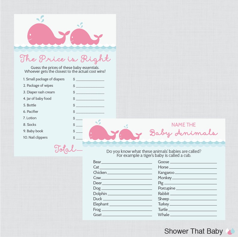 Whale Baby Shower Games Package - Seven Printable Games: Bingo, Price ...