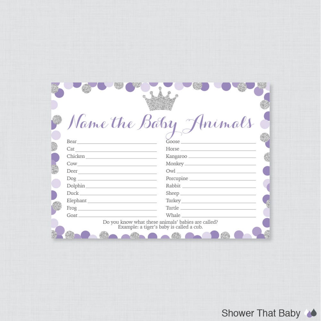 Purple and Gray Princess Baby Animal Name Game Purple Glitter Princess ...
