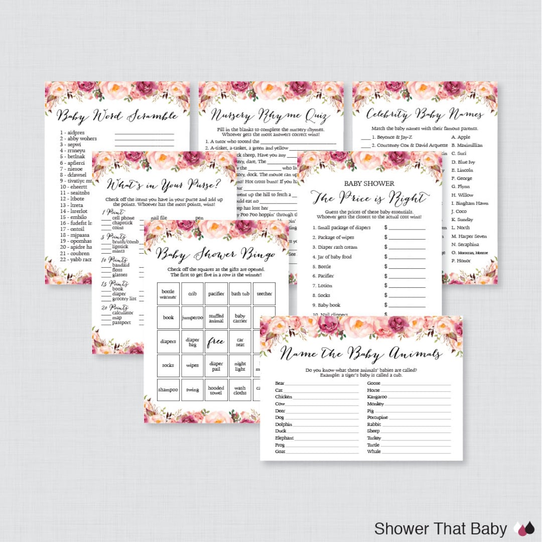 Pink Floral Baby Shower Games Package - Seven Printable Games: Bingo ...