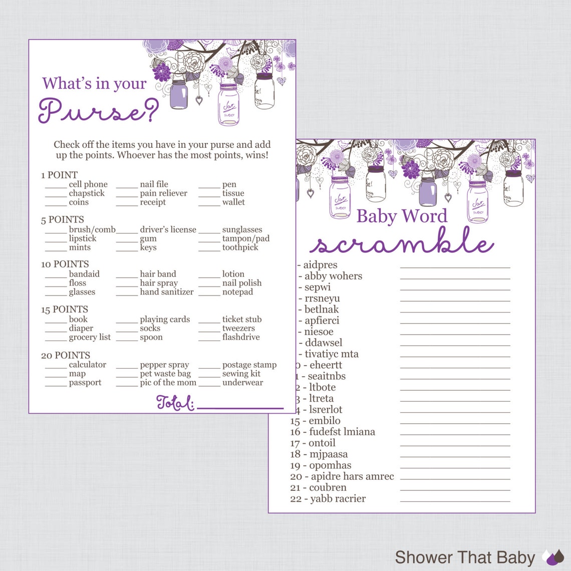 Mason Jar Baby Shower Games Printable Package With Purple Mason Jars ...
