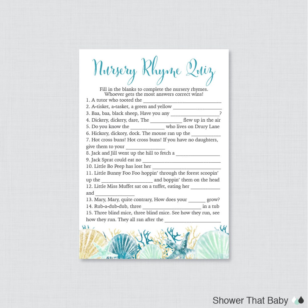 Beach Themed Baby Shower Nursery Rhyme Quiz Game Printable - Etsy