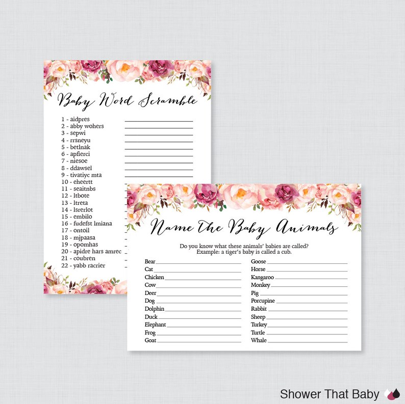Pink Floral Baby Shower Games Package Seven Printable Games: | Etsy