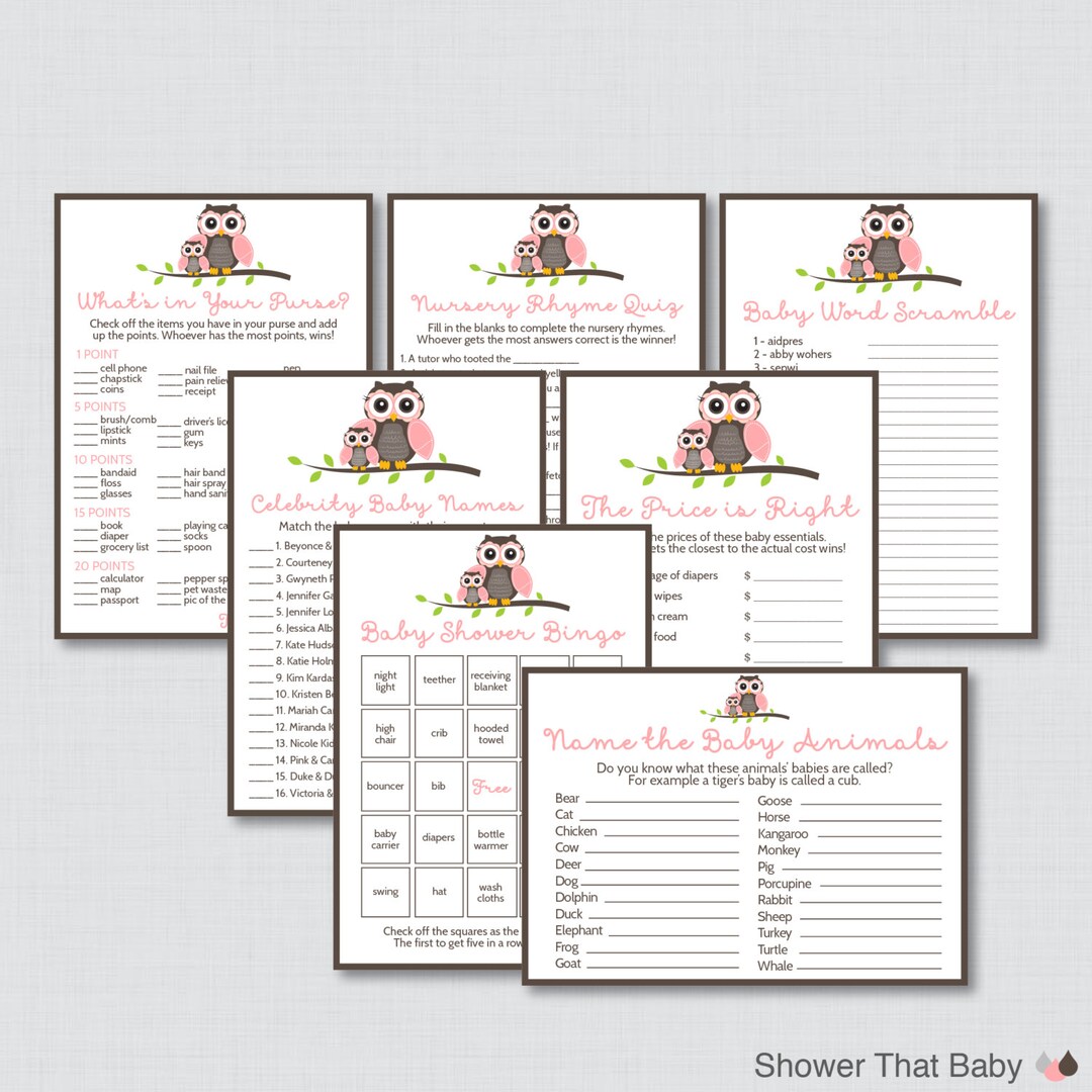 Owl Baby Shower Games Package in Pink and Brown - Seven Printable Owl ...