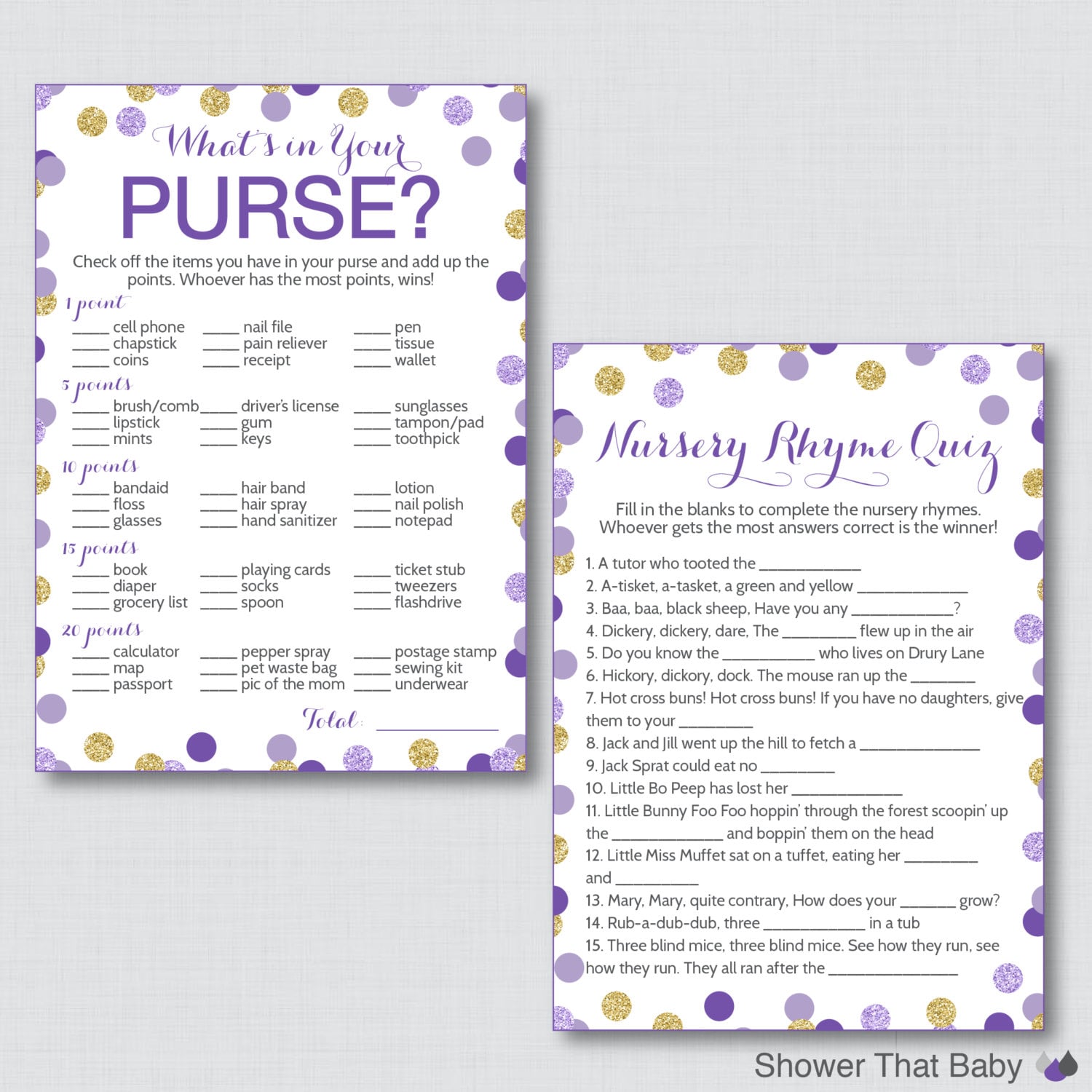 Purple and Gold Baby Shower Games Package With Glitter Polka | Etsy