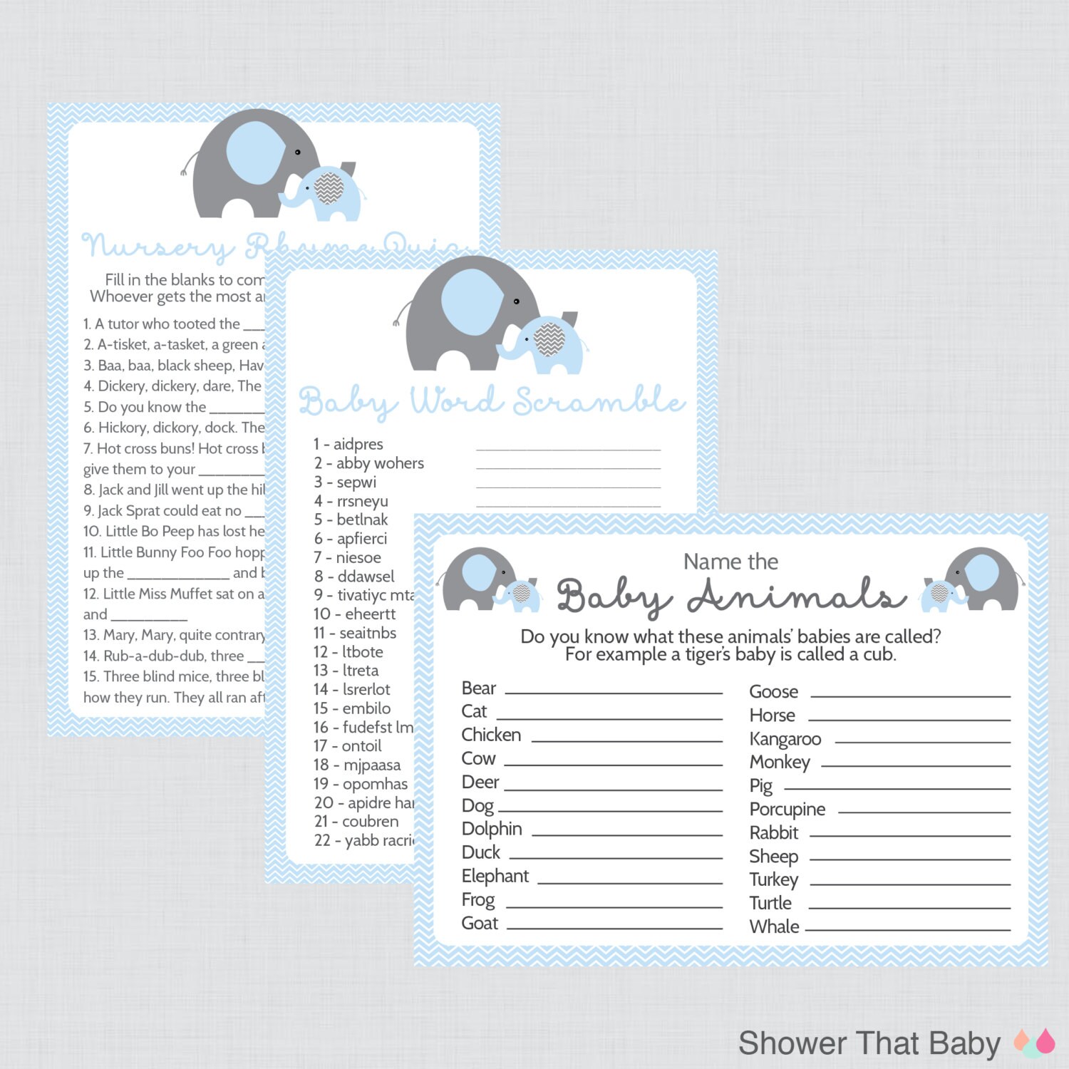 Elephant Baby Shower Games Package in Blue and Gray Seven - Etsy