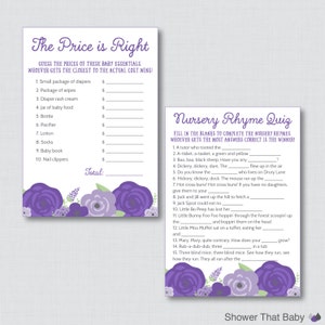 Purple Flowers Baby Shower Games Package - Seven Printable Games: Bingo ...
