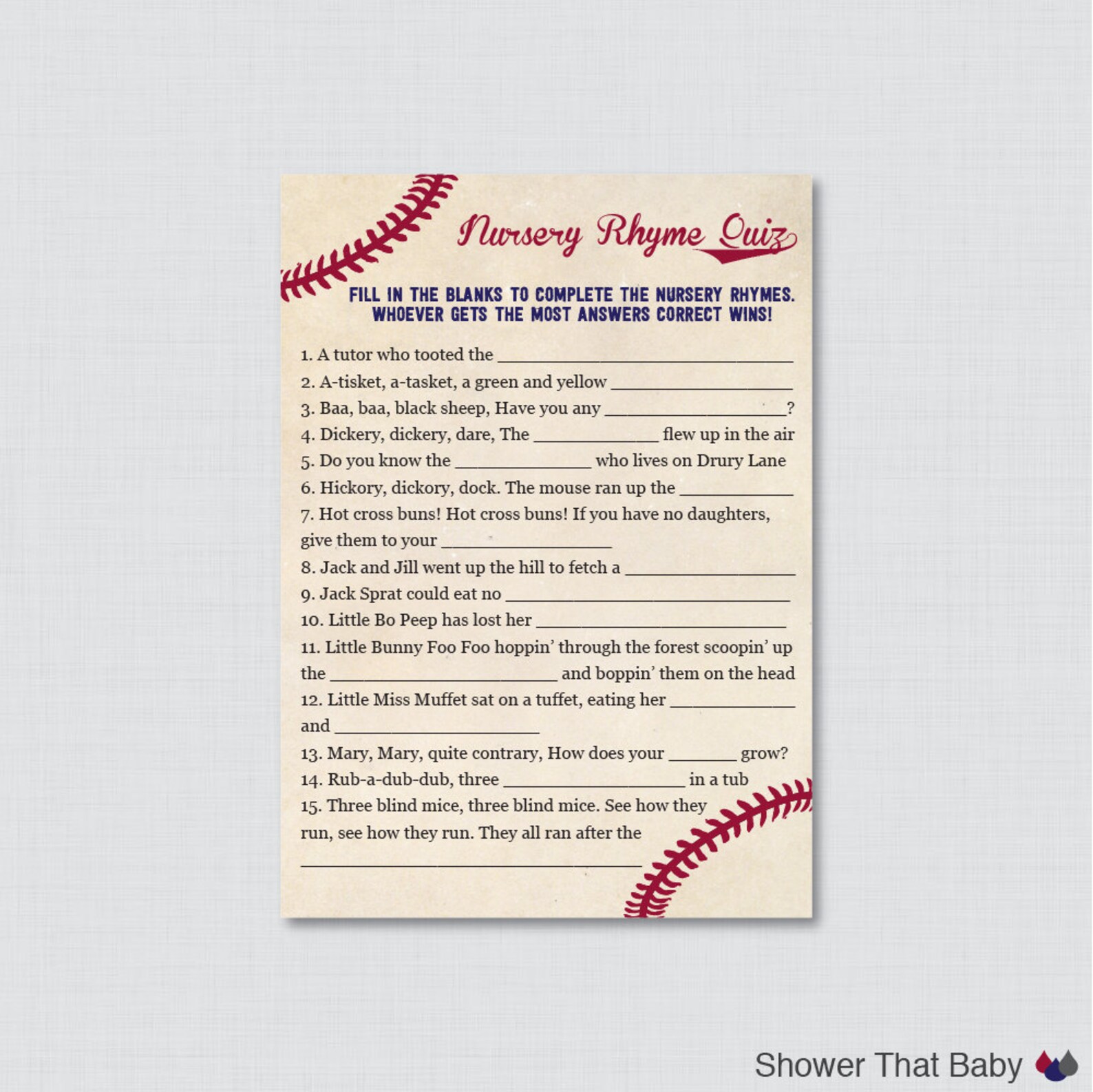 Baseball Nursery Rhyme Quiz Baby Shower Game Printable | Etsy