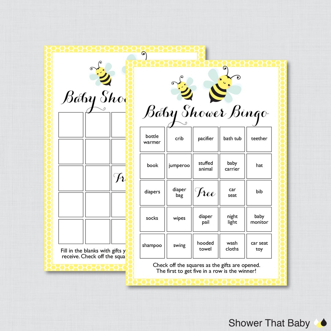 Bumble Bee Baby Shower Bingo Cards in Yellow - Printable Blank Bingo ...