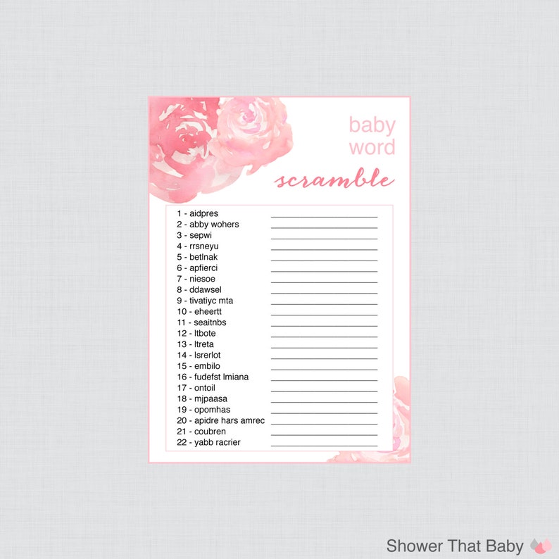 Baby Shower Word Scramble Games Pink Watercolor Flowers | Etsy