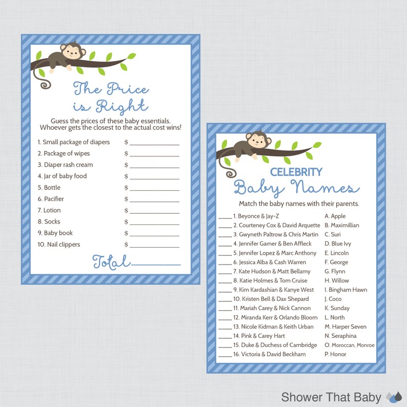 Monkey Baby Shower Games Package in Blue - Seven Printable Monkey Games ...